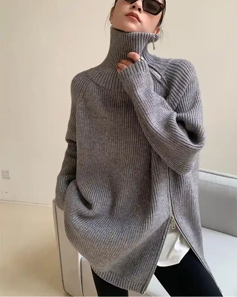 Oversize Asymmetrical Zip Knitted Sweater – Gentle Herde